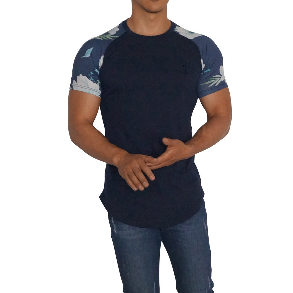 John Leopard - Playera Ranglan Marino Manga Corta Flowers Canvas