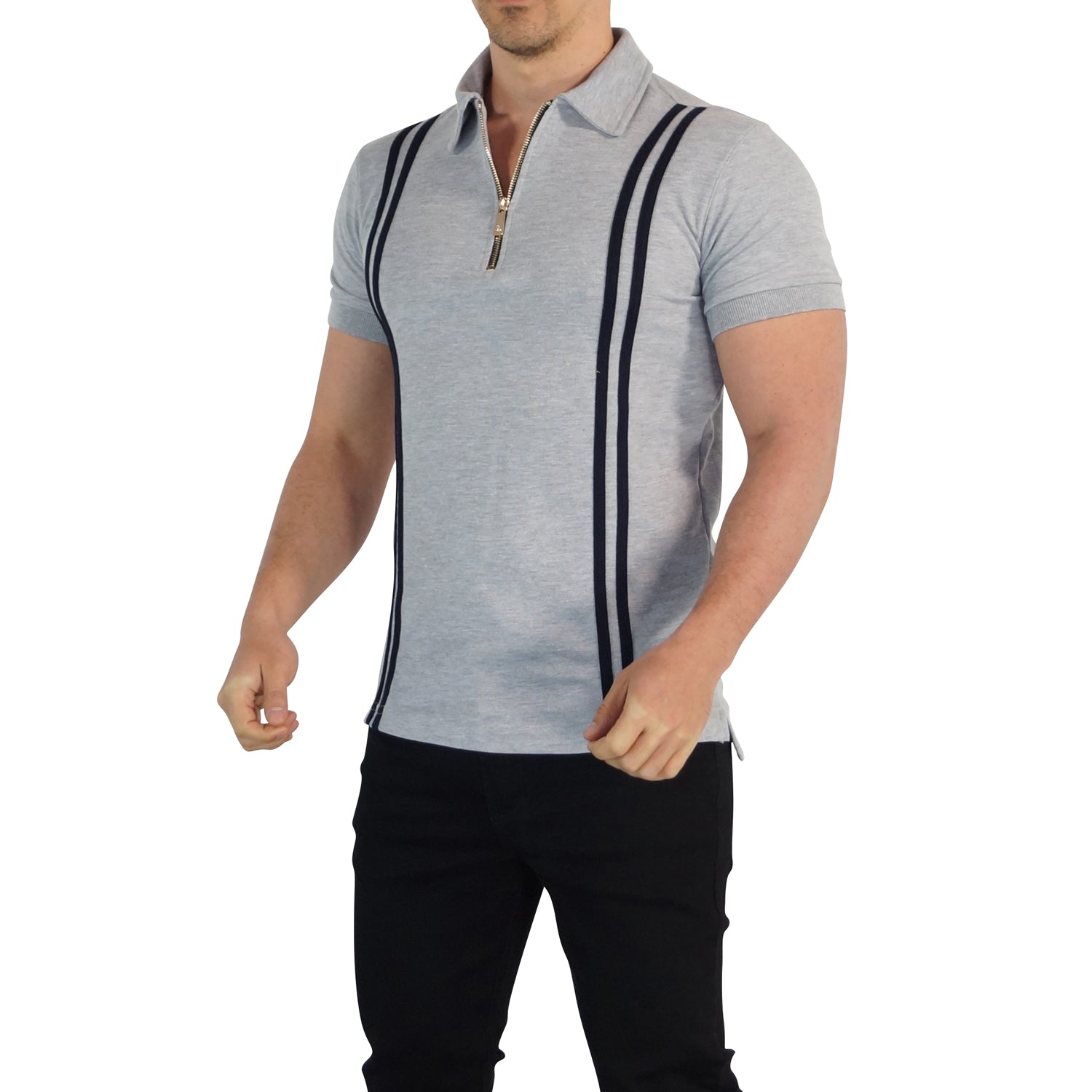 John Leopard - Zipped Polo Manga Corta Jaspe Black Stripes – JOHN LEOPARD